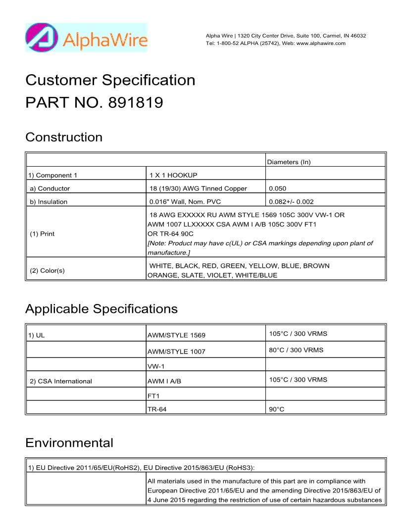 UL AWM Style 1007 and 1569 18 AWG Hook-up Wire Datasheets – Mouser