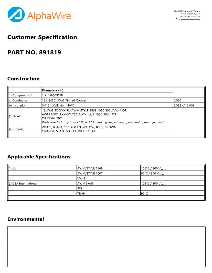 UL AWM Style 1007 and 1569 18 AWG Hook-up Wire Datasheets – Mouser