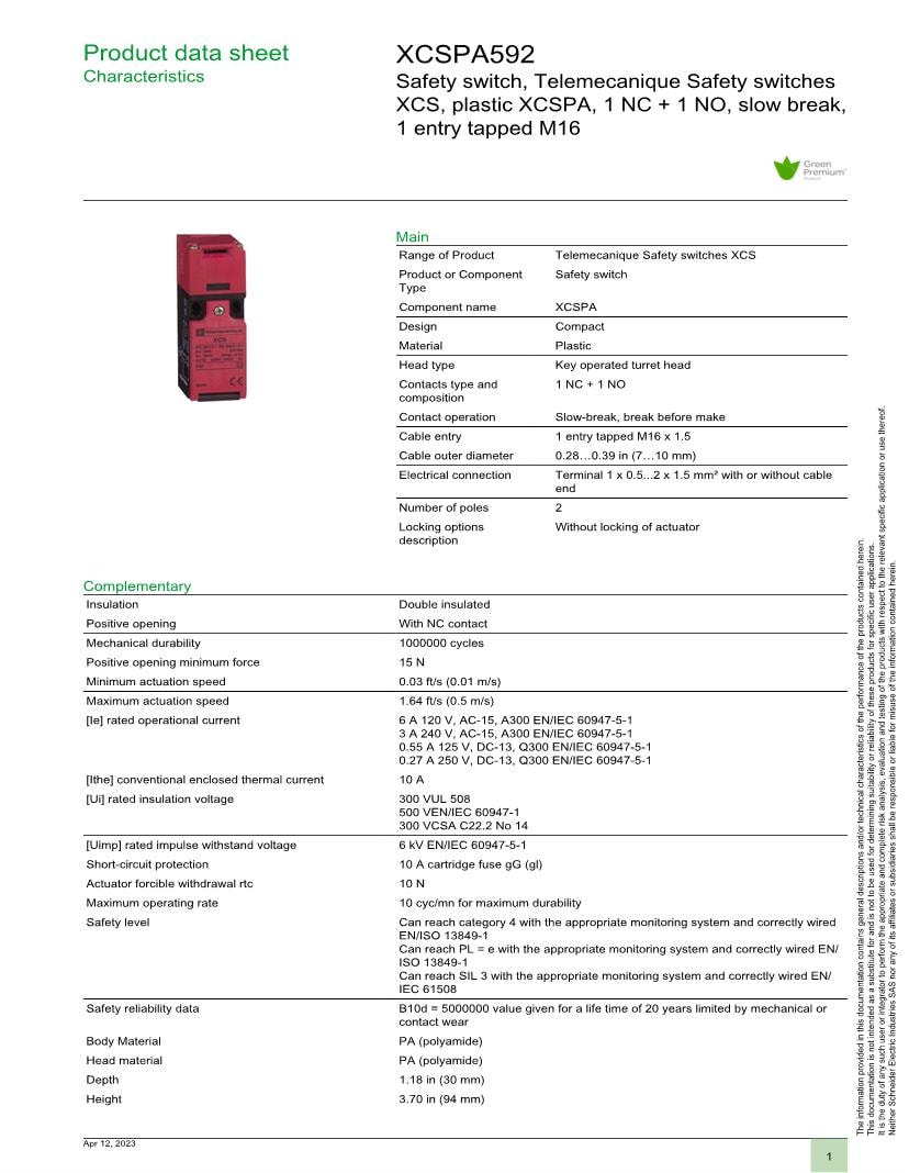 XCSPA592 XCSPA592（TELEMECANIQUE SAFETY INTERLOCK SWITCH XCS-PA592 ...