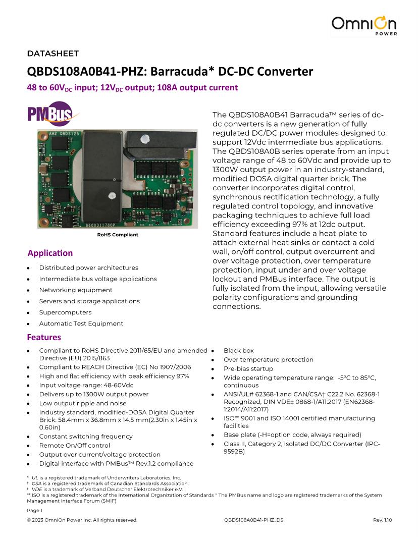 OmniOn Power Datasheets – Mouser