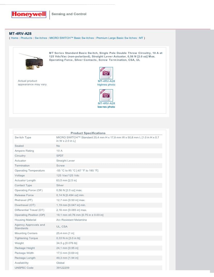 Honeywell Electromechanical Datasheets – Mouser