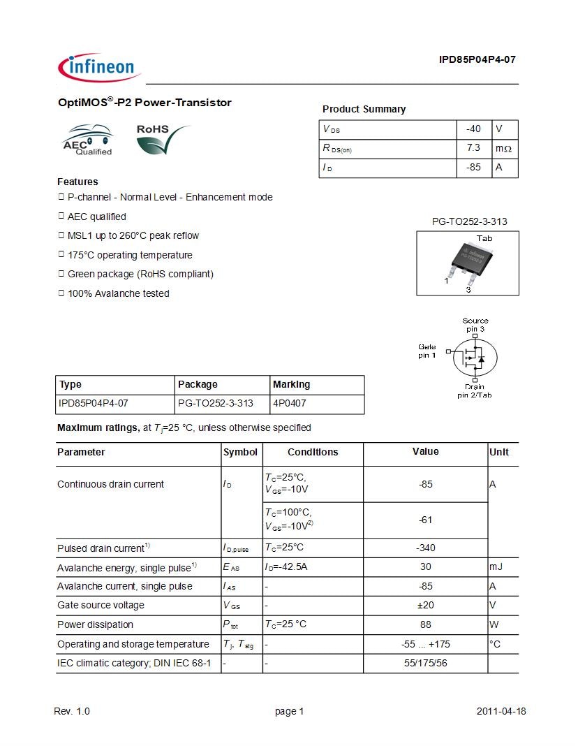 Infineon P-Channel MOSFET Datasheets – Mouser