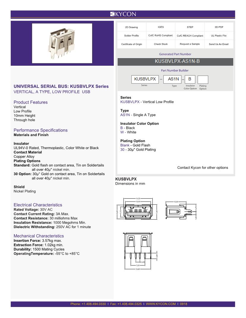 Kycon USB Connectors Datasheets – Mouser