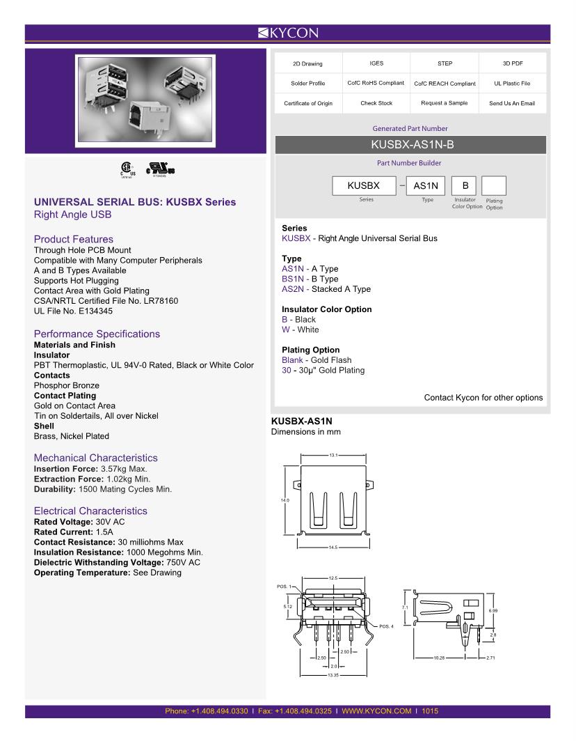 Kycon USB Connectors Datasheets – Mouser