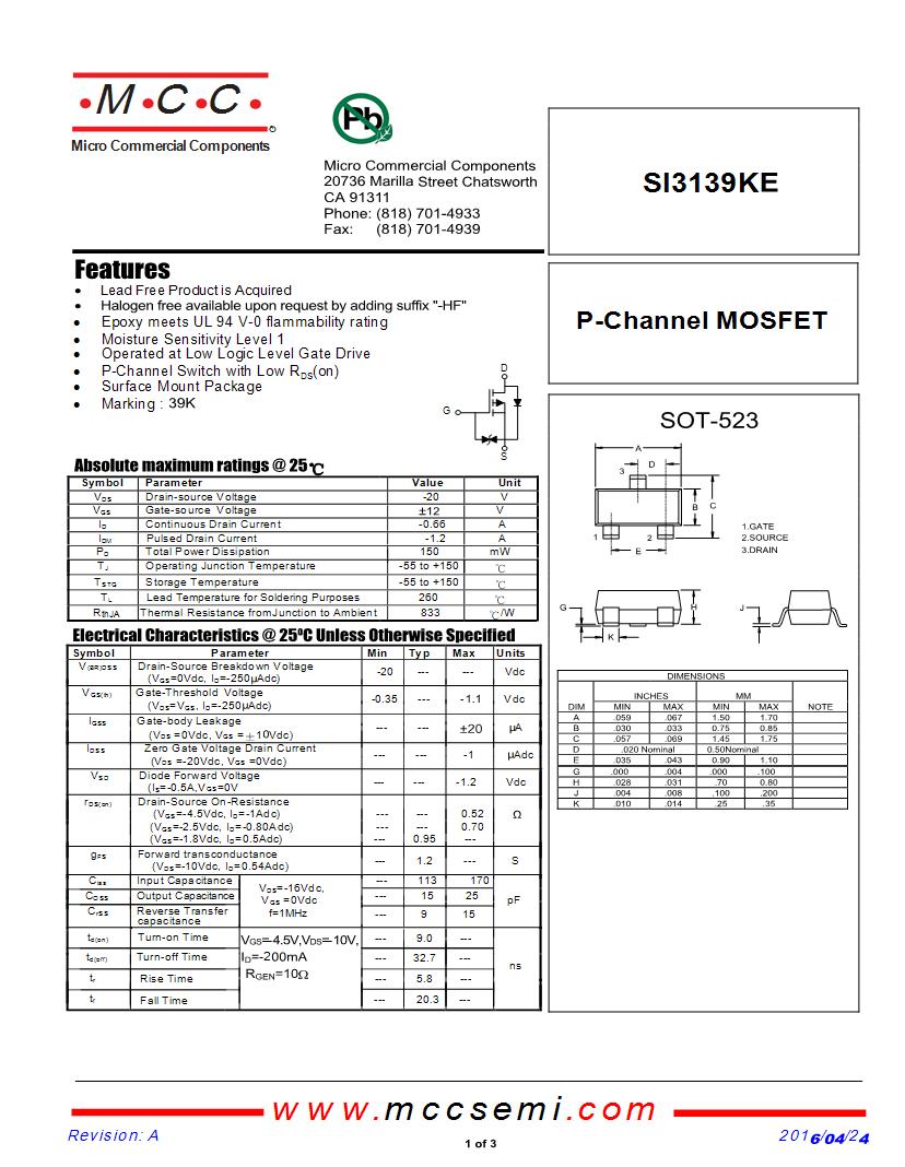 SOT-523-3 P-Channel MOSFET Datasheets | Mouser