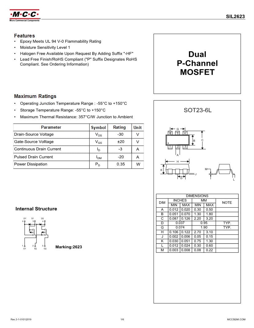 SMD/SMT SOT-23-6 P-Channel MOSFET Datasheets | Mouser