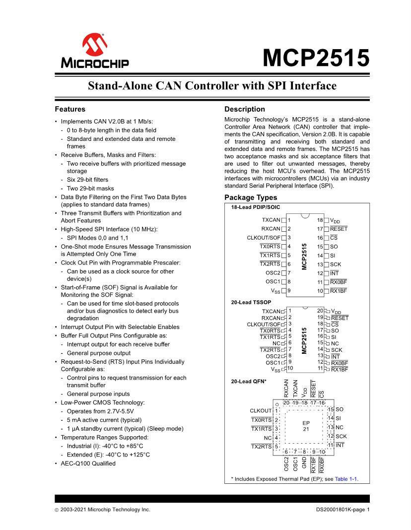 Mcp2515 Datasheet MCP2515DM BM MICROCHIP, Demonstration Board,