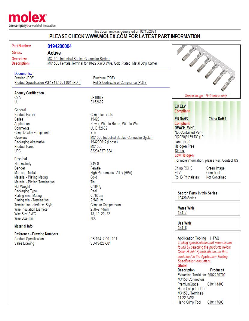Molex MX150L Connectors Datasheets – Mouser