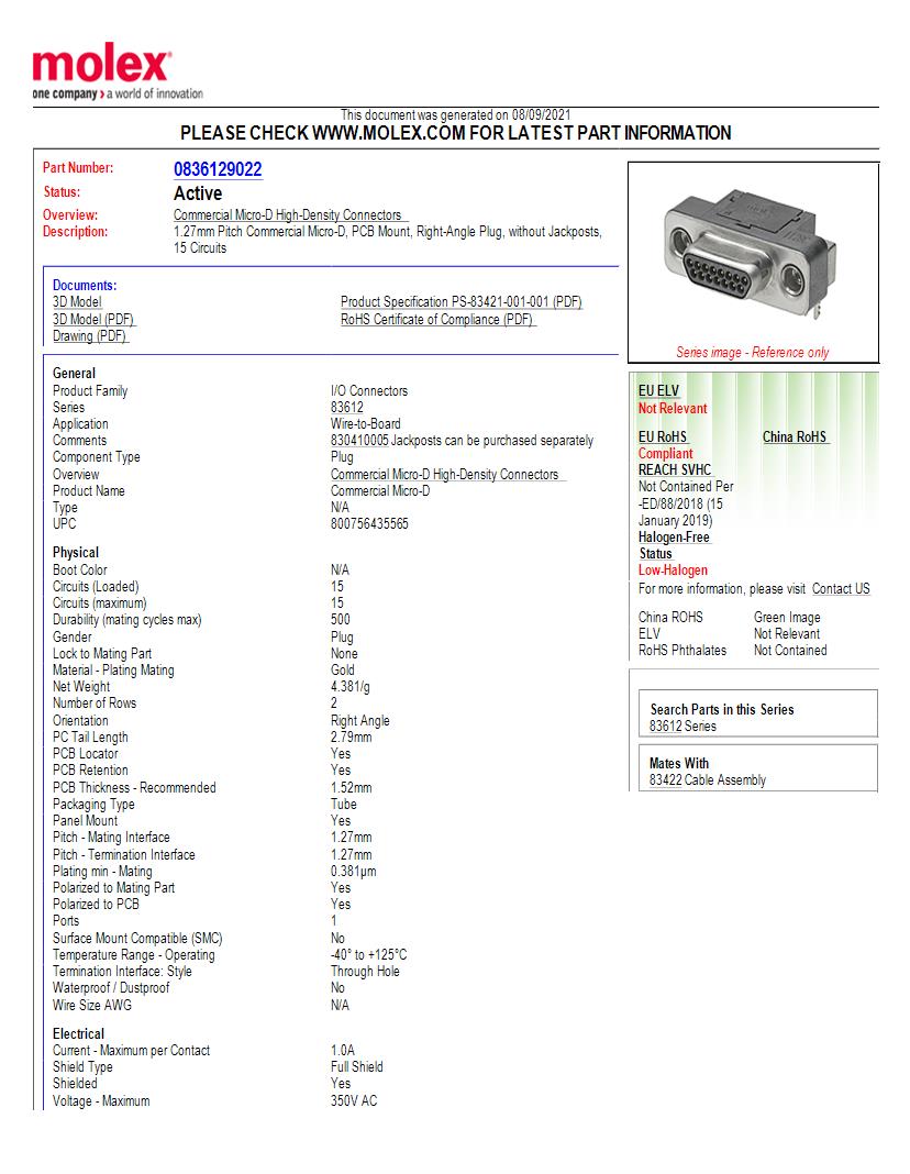 D-Sub Micro-D Connectors Datasheets – Mouser