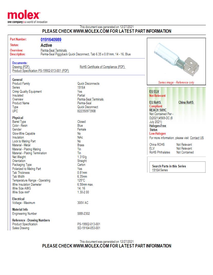Quick Disconnects Connectors Datasheets – Mouser