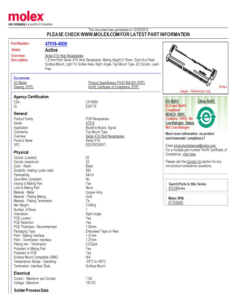 Molex Female Connectors Datasheets – Mouser