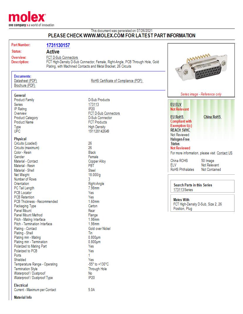 Molex 26 Position Connectors Datasheets – Mouser