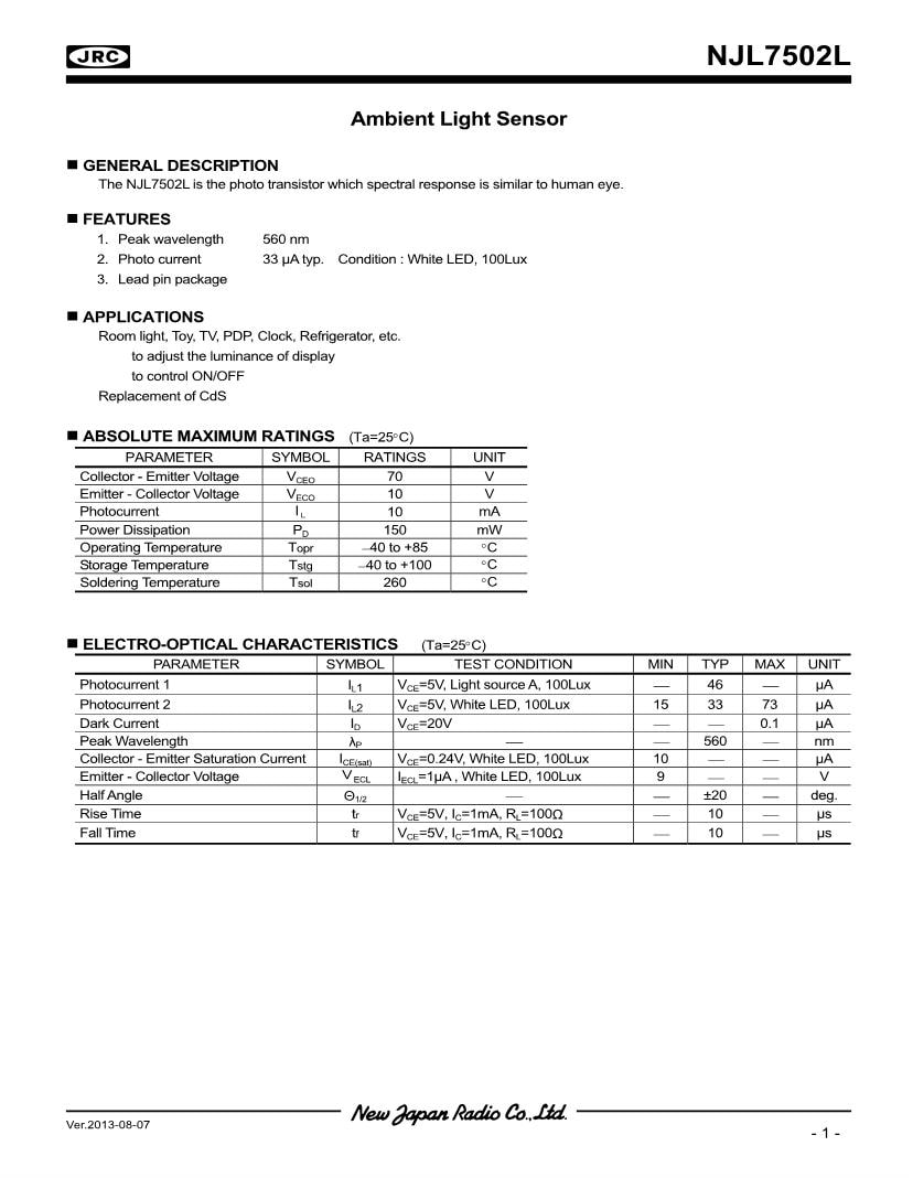 Nisshinbo Micro Devices Ambient Light Sensors Datasheets – Mouser