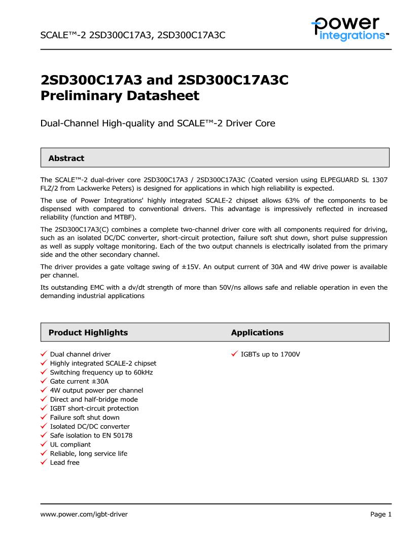 Power Integrations Scale-2 Gate Drivers Datasheets – Mouser