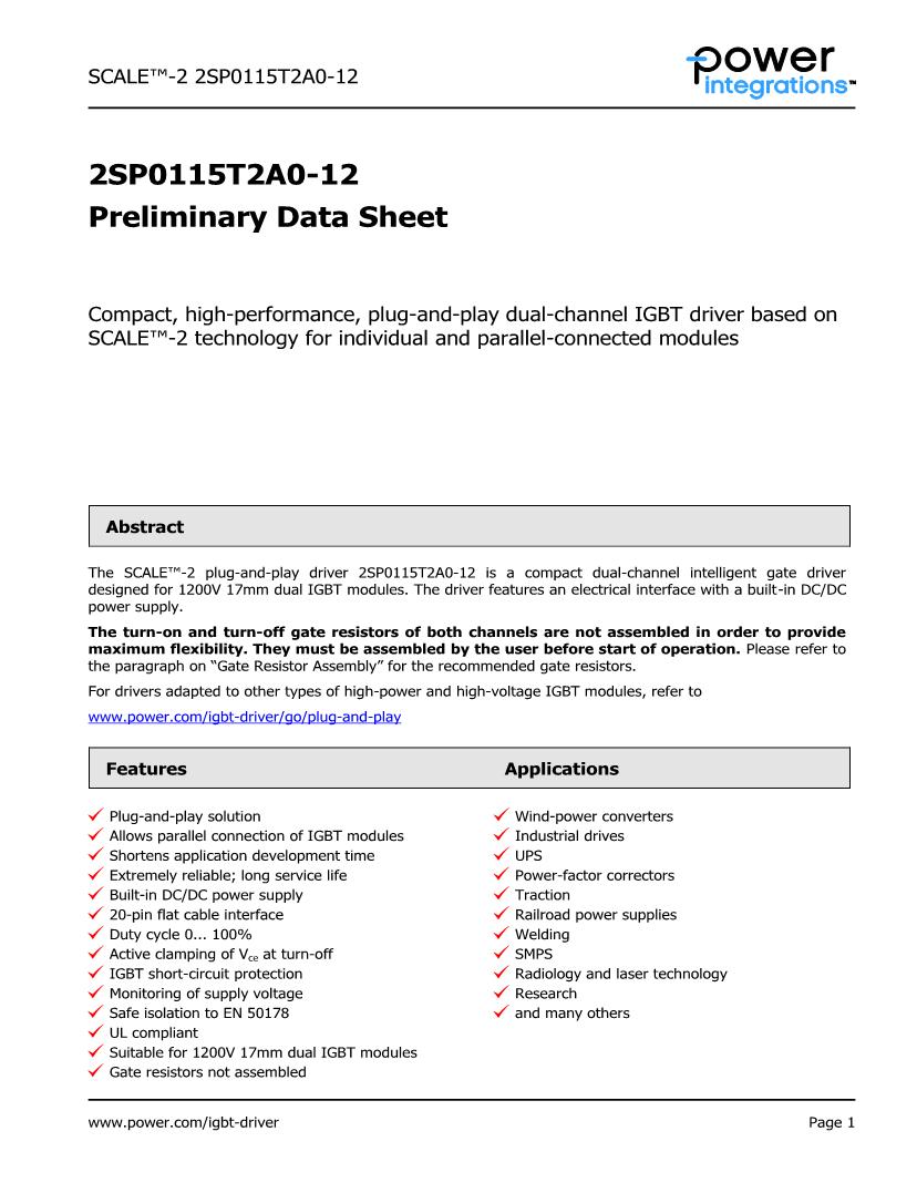 Power Integrations Scale-2 Gate Drivers Datasheets – Mouser