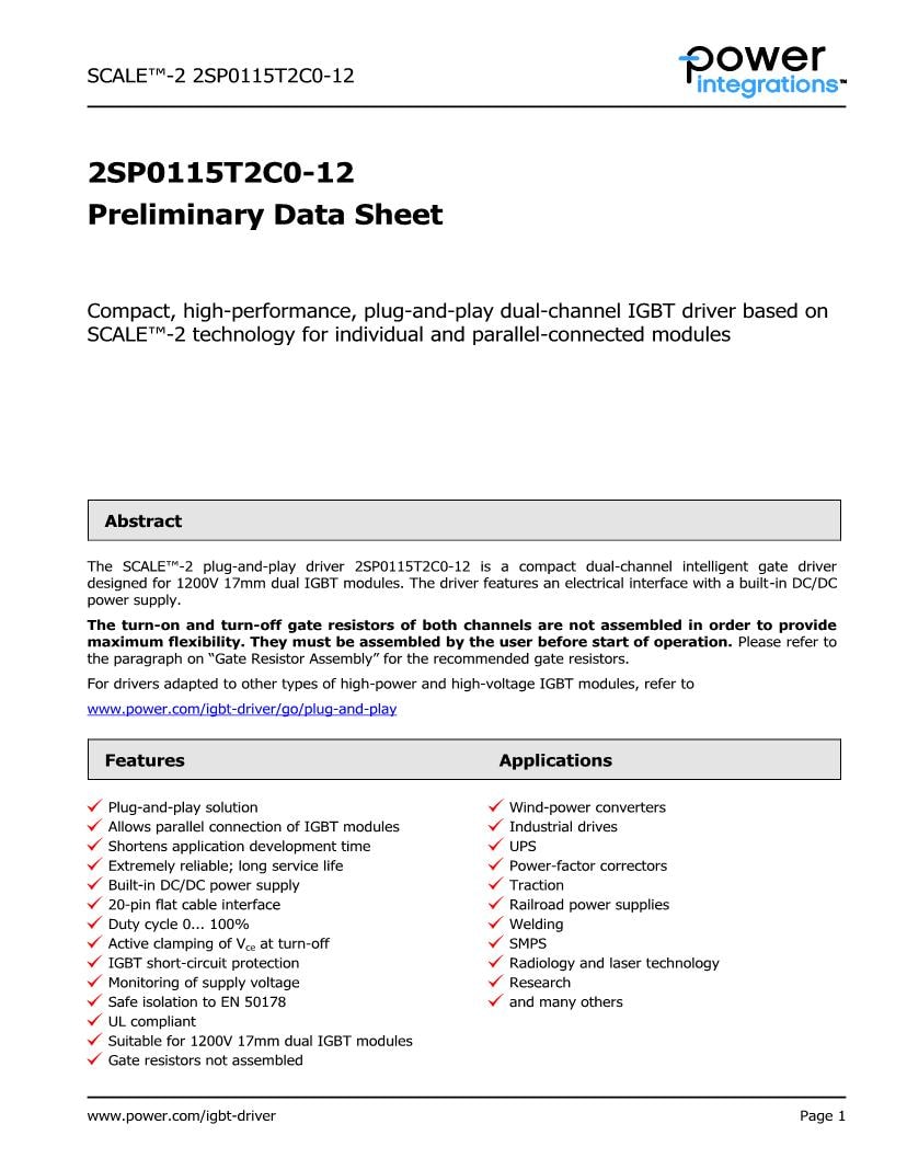 Power Integrations Scale-2 Gate Drivers Datasheets – Mouser
