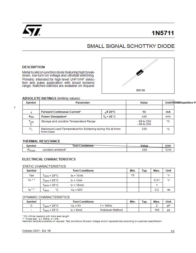 1N5711 Schottky Diode: Pinout, Specifications And Datasheet, 41% OFF