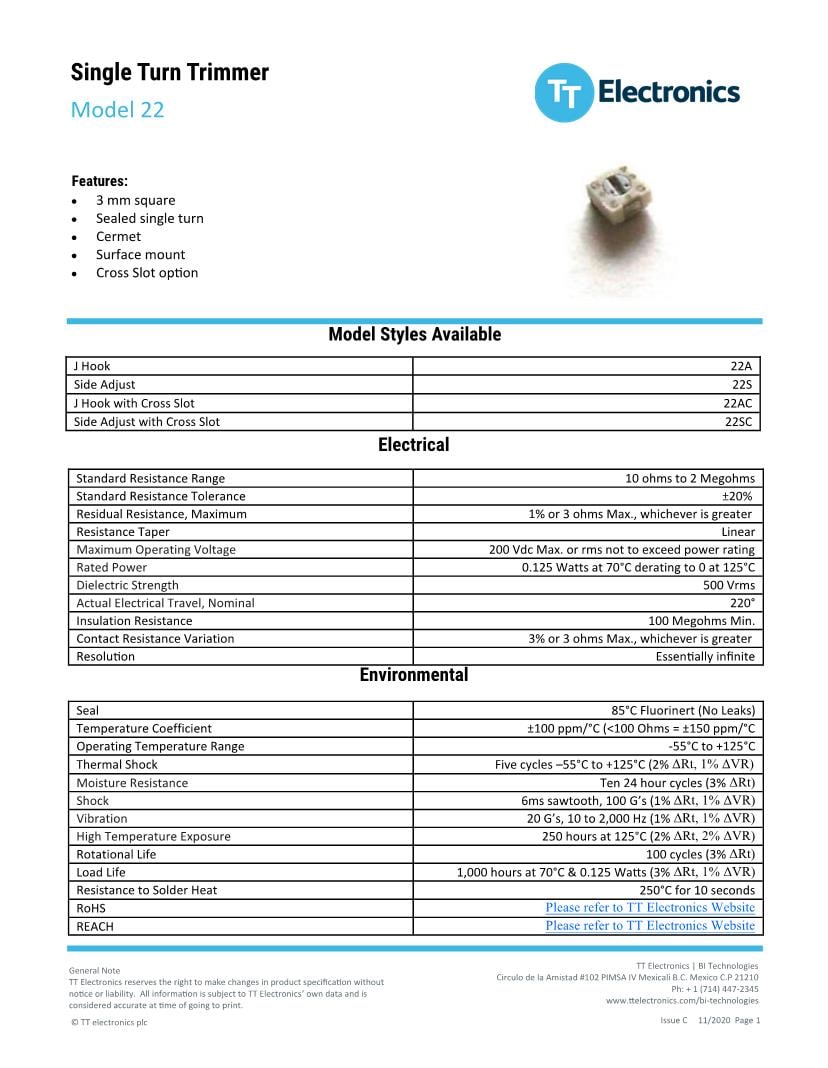 TT Electronics Vertical Adjustment Variable Resistors Datasheets – Mouser