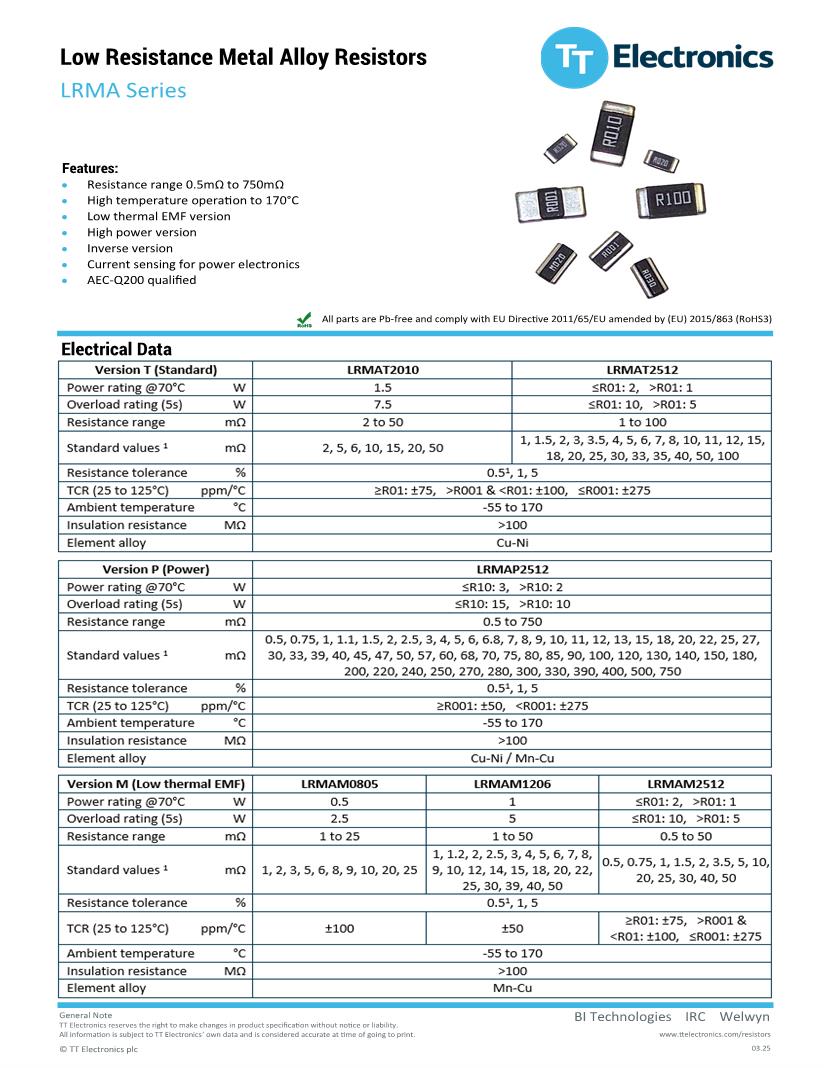 Welwyn Components / TT Electronics Resistors Datasheets – Mouser