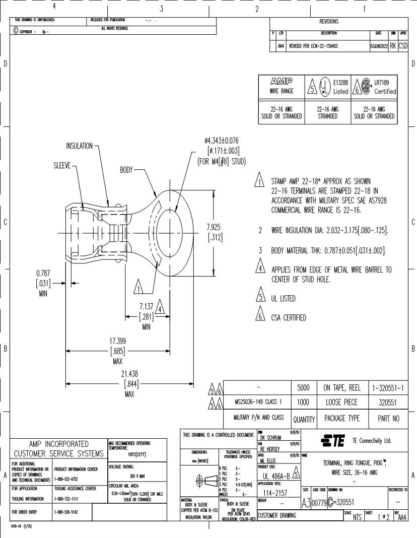TE Connectivity MS25036 Series Terminals Datasheets – Mouser