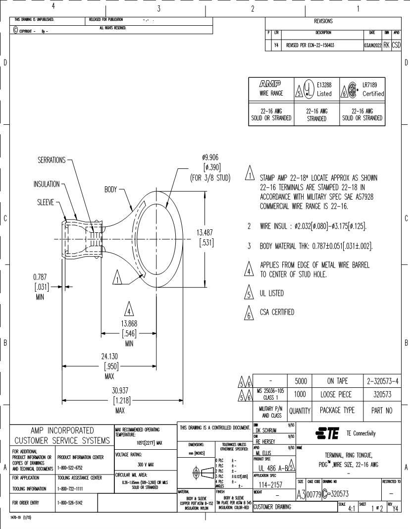 TE Connectivity MS25036 Series Terminals Datasheets – Mouser