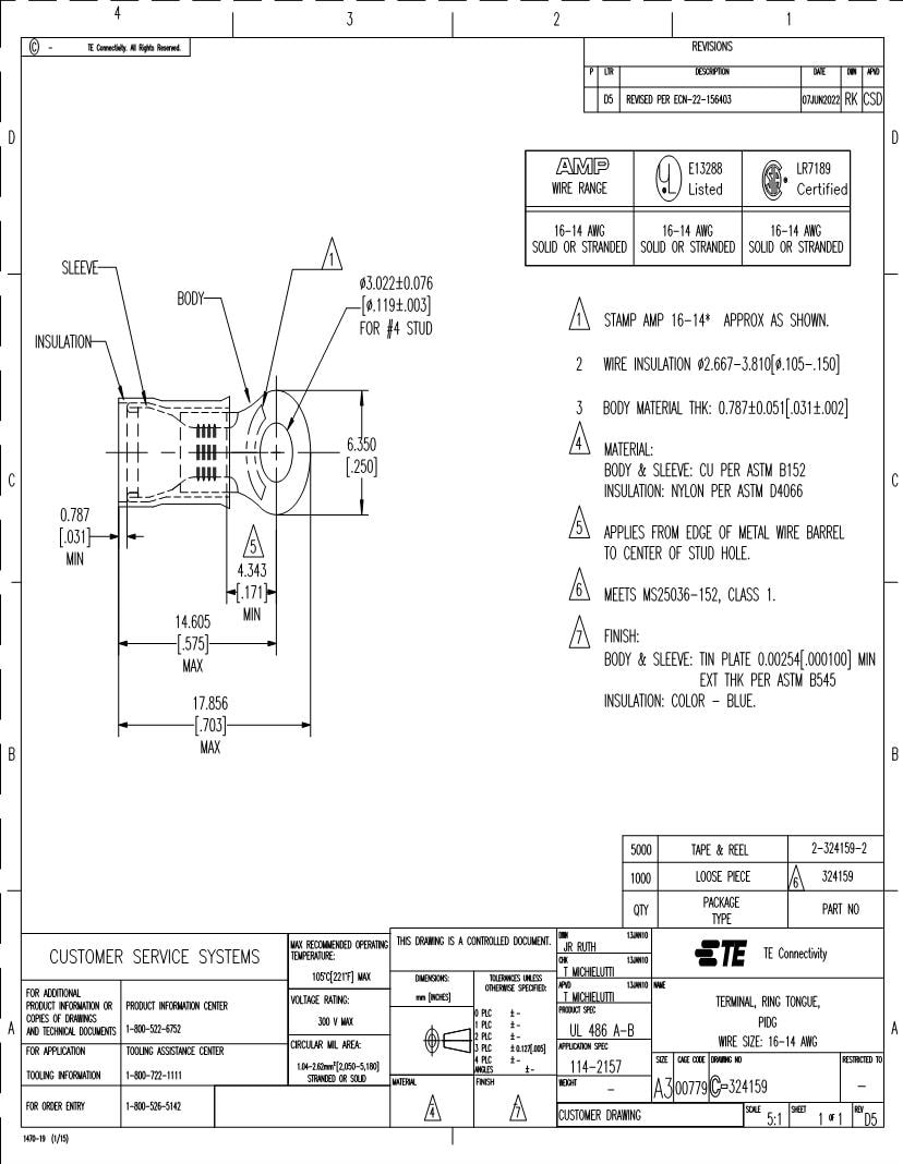 TE Connectivity MS25036 Series Terminals Datasheets – Mouser