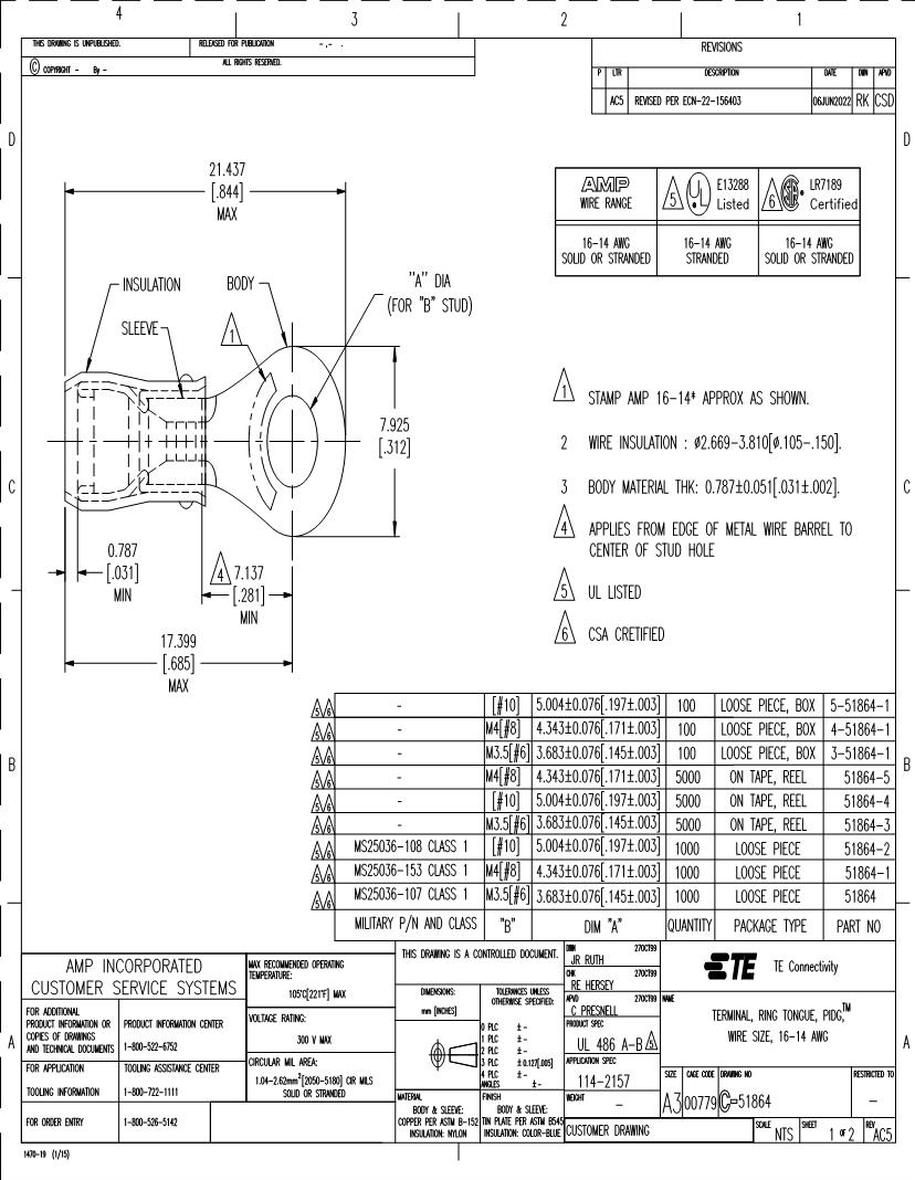 TE Connectivity MS25036 Series Terminals Datasheets – Mouser