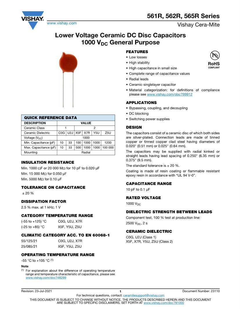 Ceramic Disc Capacitors Datasheets | Mouser