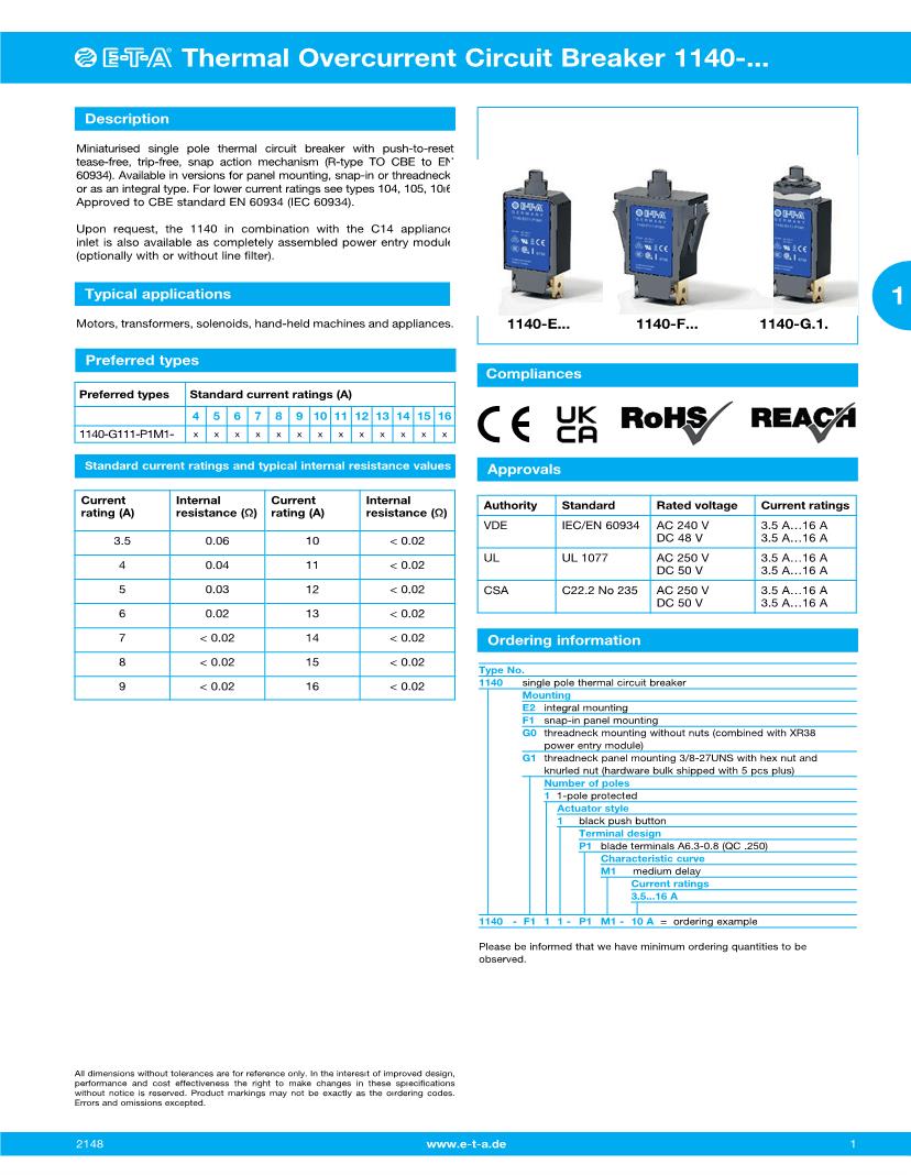 Thermal Overcurrent Circuit Breakers Datasheets – Mouser