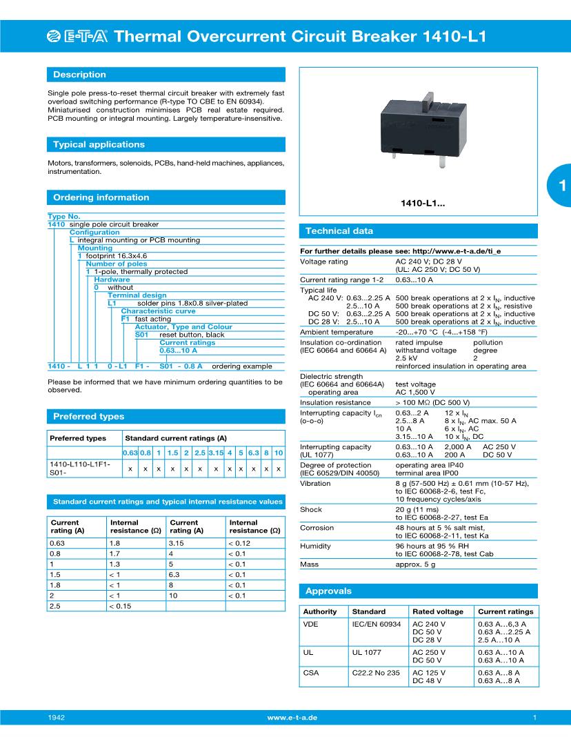 Thermal Overcurrent Circuit Breakers Datasheets – Mouser
