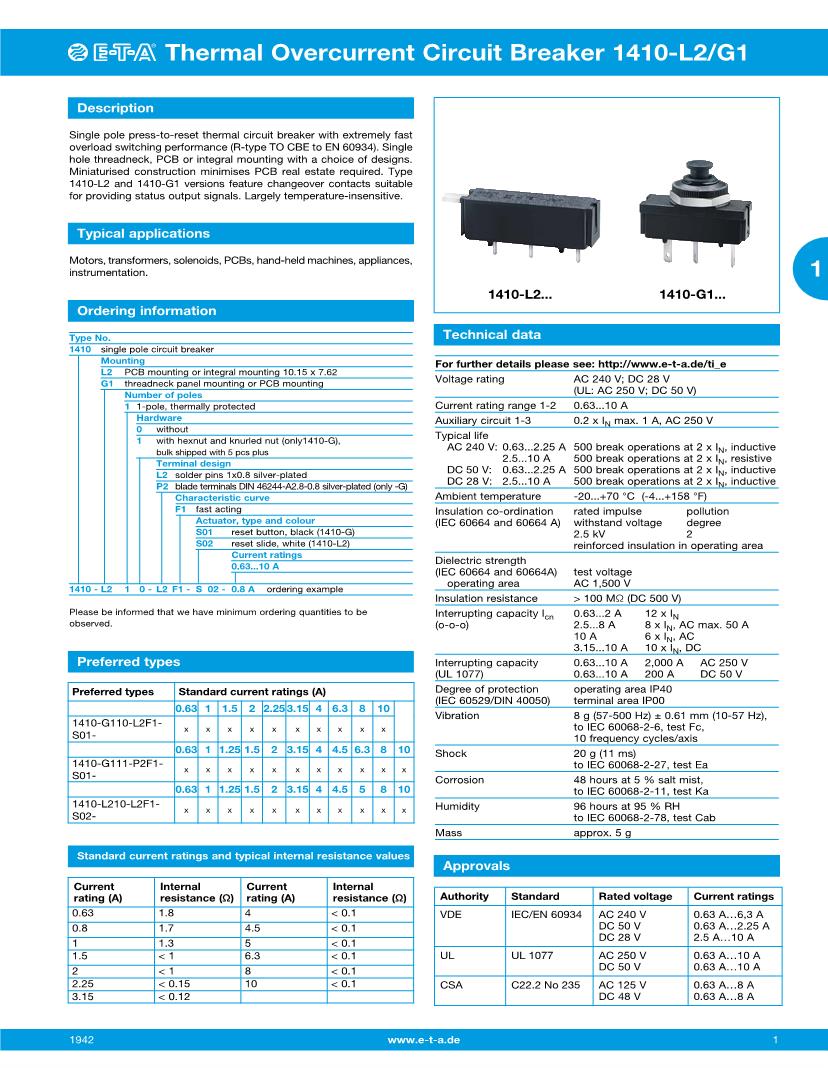 Thermal Overcurrent Circuit Breakers Datasheets – Mouser