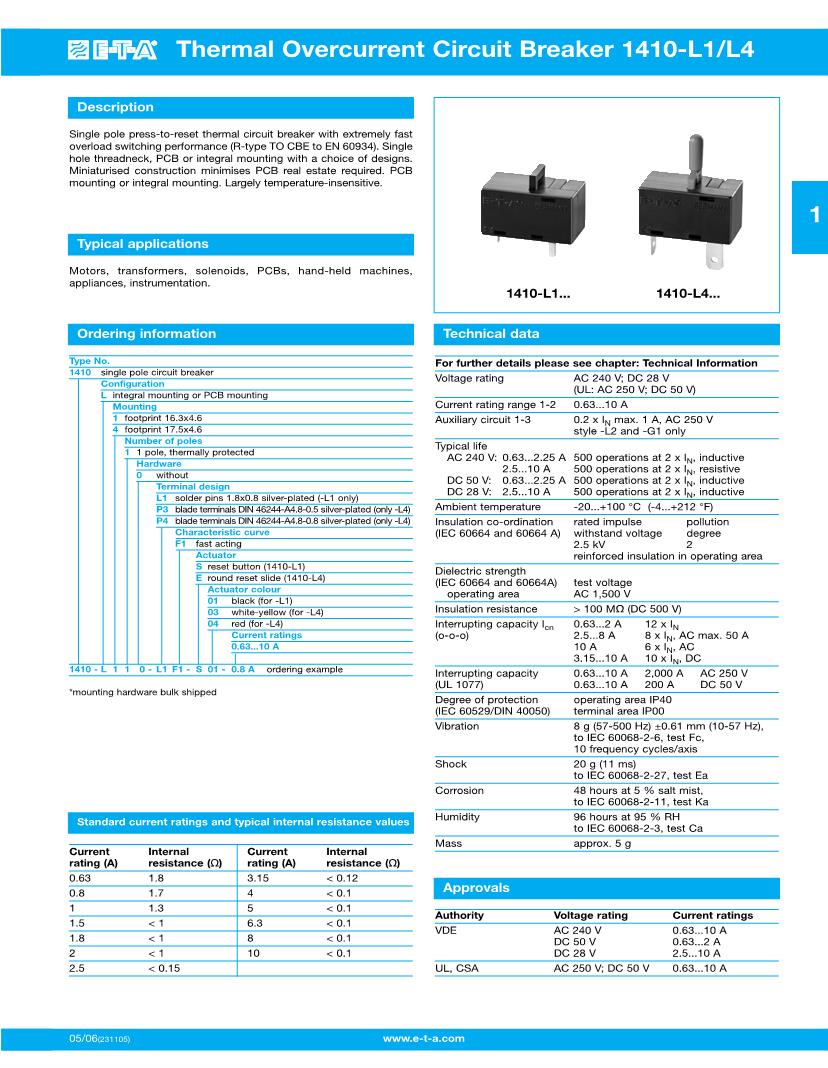 Thermal Overcurrent Circuit Breakers Datasheets – Mouser