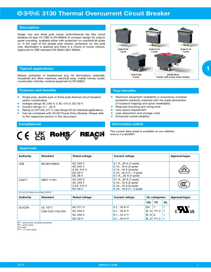 Thermal Overcurrent Circuit Breakers Datasheets – Mouser