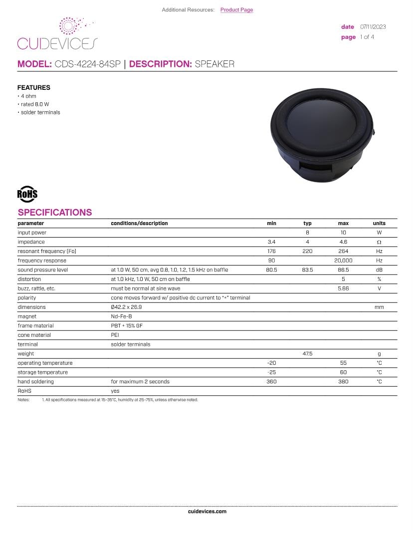 Speakers Audio Devices Electromechanical Datasheets – Mouser