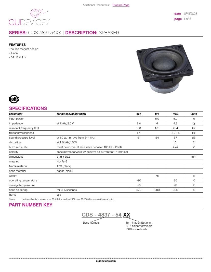 Speakers Audio Devices Electromechanical Datasheets – Mouser