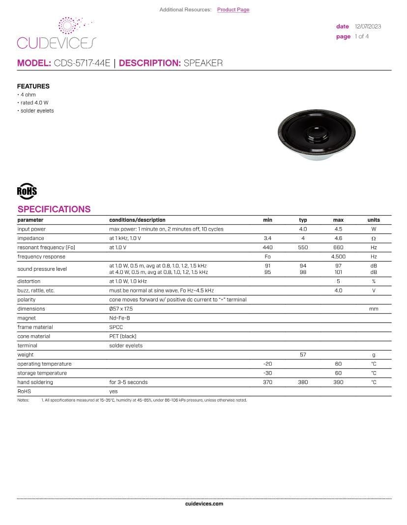 Speakers Audio Devices Electromechanical Datasheets – Mouser