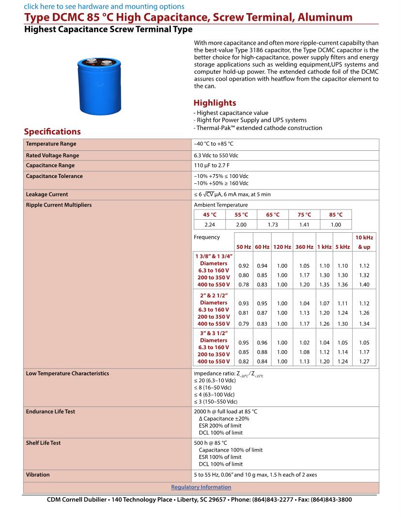 DCMC Series Aluminum Electrolytic Capacitors Datasheets – Mouser