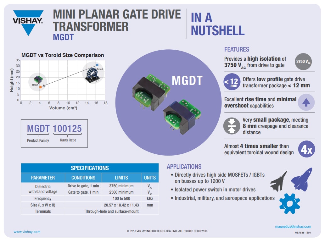 MGDT Miniaturized Gate Drive Planar Transformers - Vishay | Mouser