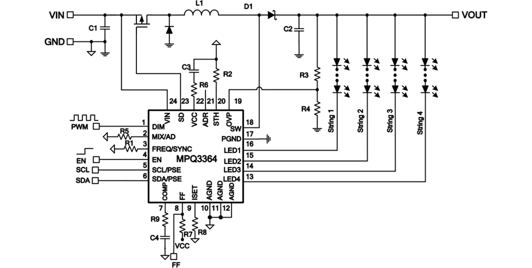 MPQ3364-AEC1 Four-Channel WLED Driver - MPS | Mouser