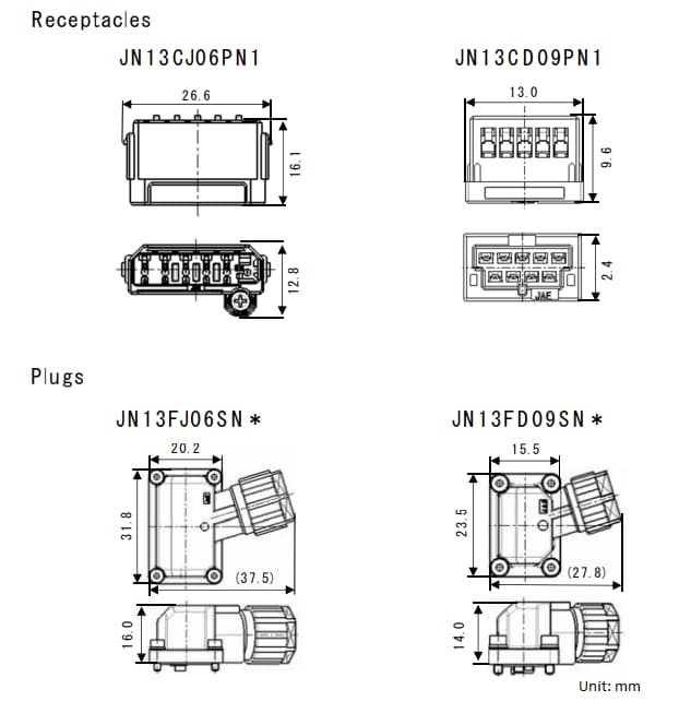 JN13 All-Plastic Low-Profile Waterproof Connectors - JAE | Mouser
