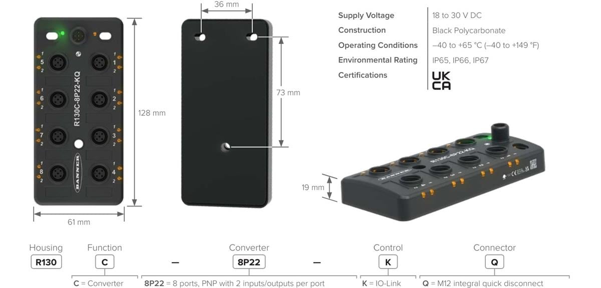 R130C 8-Port Discrete IO-Link Hub - Banner Engineering | Mouser