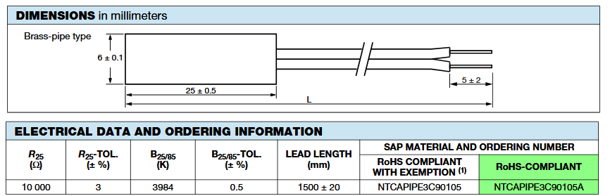 NTCAPIPE3C90105A Long Lead NTC Thermistor Sensors - Vishay / BC ...